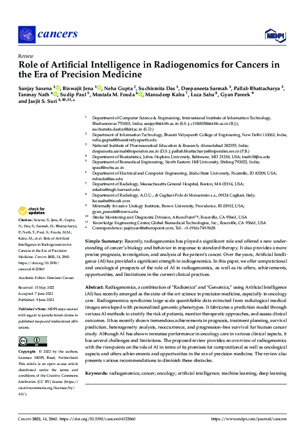(PDF) Role of Artificial Intelligence in Radiogenomics for Cancers in ...