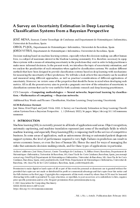 (PDF) A Survey on Uncertainty Estimation in Deep Learning Classification Systems from a Bayesian ...
