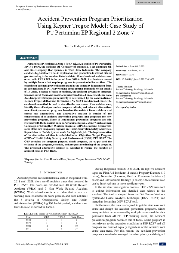 (PDF) Accident Prevention Program Prioritization Using Kepner Tregoe Model: Case Study of PT ...