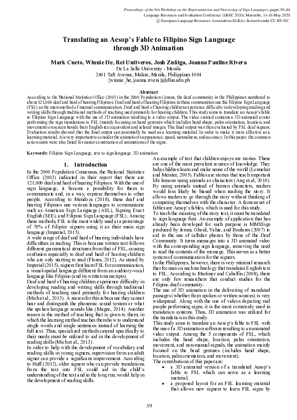 (PDF) Translating an Aesop’s Fable to Filipino Sign Language through 3D ...