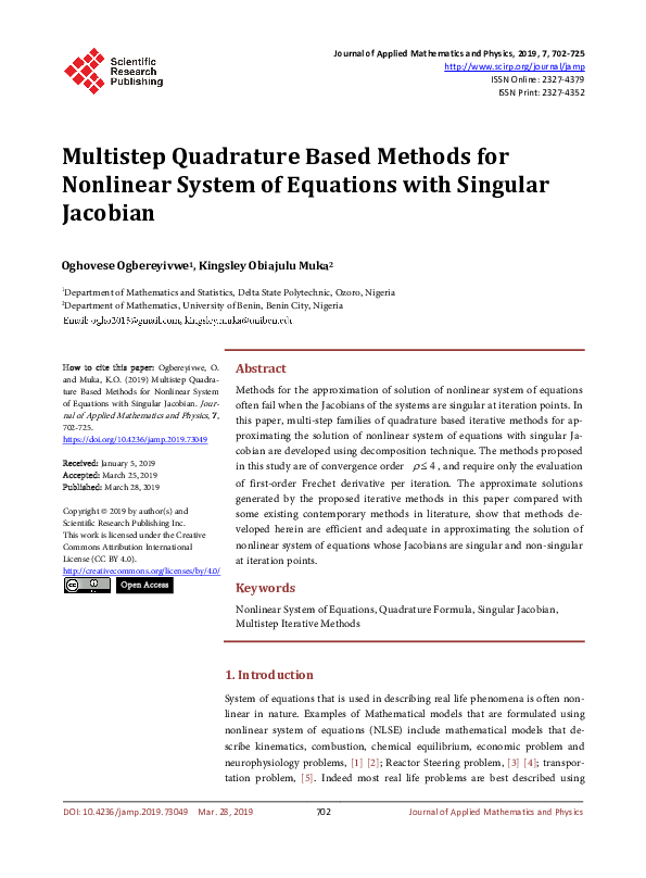 (PDF) Multistep Quadrature Based Methods for Nonlinear System of ...