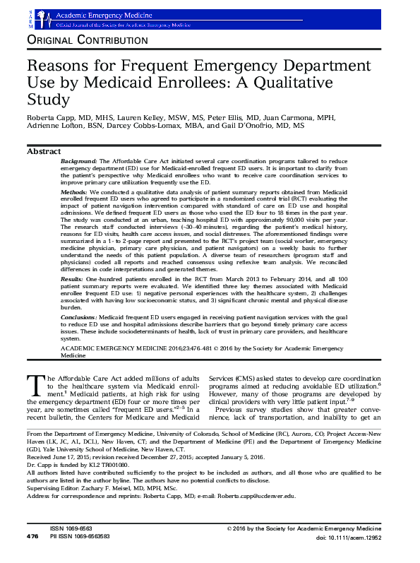 (PDF) Reasons for Frequent Emergency Department Use by Medicaid ...