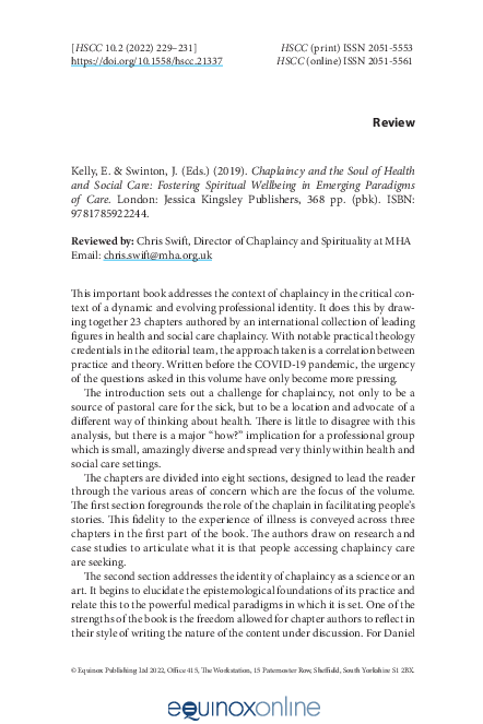 (PDF) Kelly, E. & Swinton, J. (Eds.) (2019). Chaplaincy and the Soul of ...