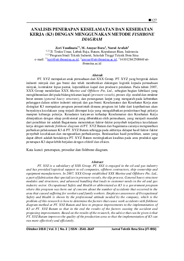 (PDF) Analisis Penerapan Keselamatan Dan Kesehatan Kerja (K3) Dengan Menggunakan Metode Fishbone ...