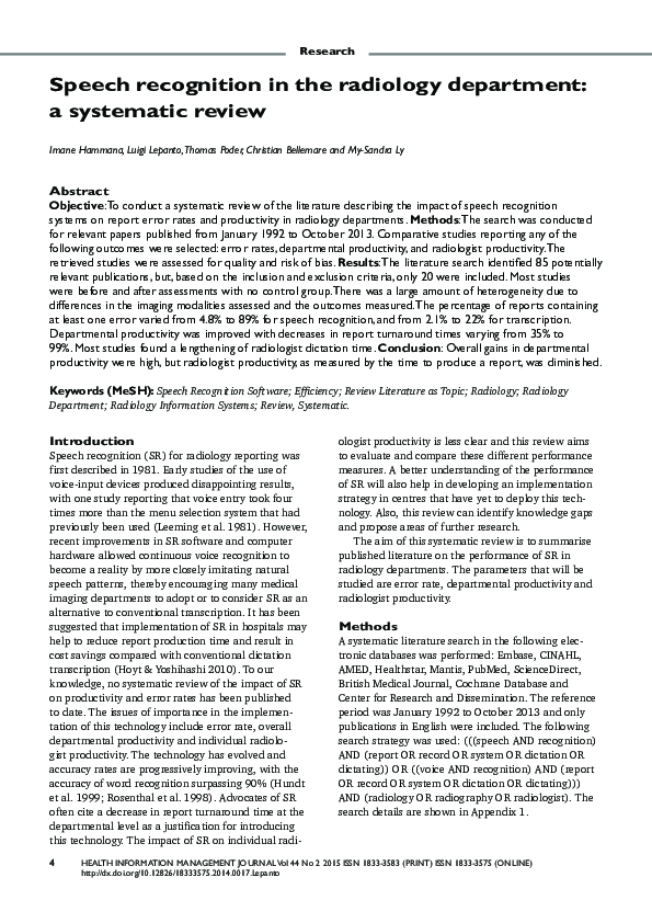 (PDF) Speech recognition in the radiology department: a systematic review