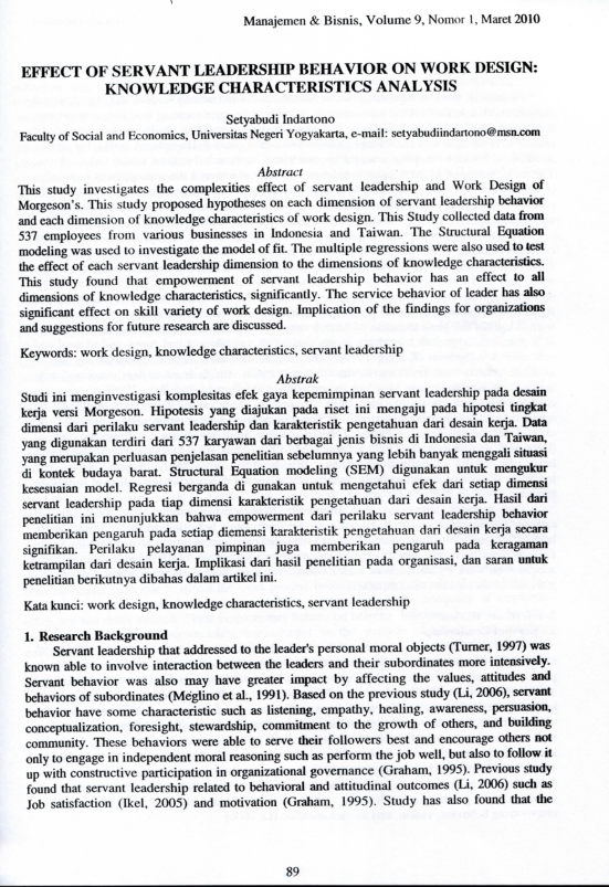 (PDF) Effect of Servant Leadership Behavior on Work Design: Knowledge Characteristics Analysis