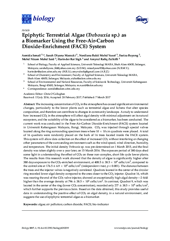 (PDF) Epiphytic Terrestrial Algae (Trebouxia sp.) as a Biomarker Using the Free-Air-Carbon ...