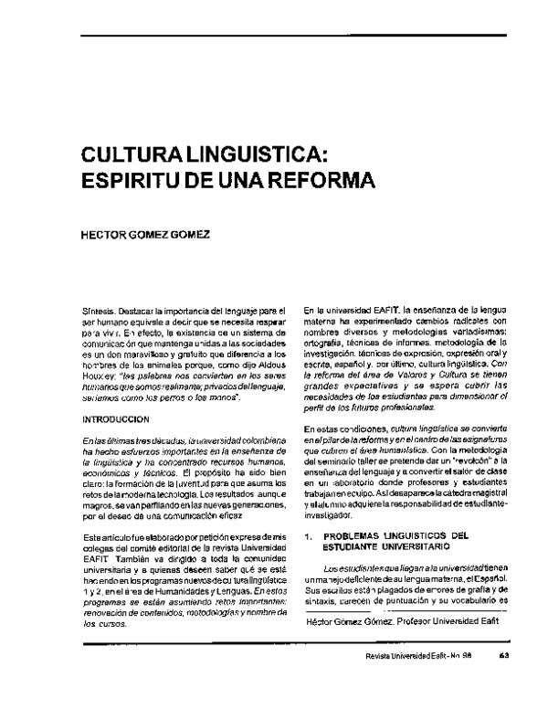 (PDF) Cultura linguística: espiritu de una reforma
