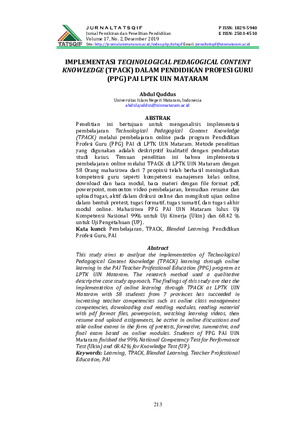 (PDF) Implementasi Technological Pedagogical Content Knowledge (TPACK) dalam Pendidikan Profesi ...