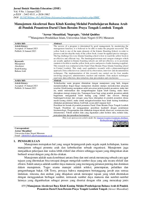 (PDF) Manajemen Akselerasi Baca Kitab Kuning Melalui Pembelajaran Bahasa Arab di Pondok ...