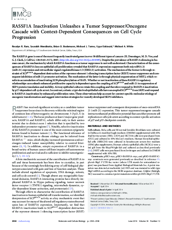 (PDF) RASSF1A Inactivation Unleashes a Tumor Suppressor/Oncogene Cascade with Context-Dependent ...