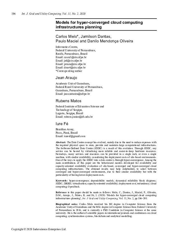 (PDF) Models for hyper-converged cloud computing infrastructures planning