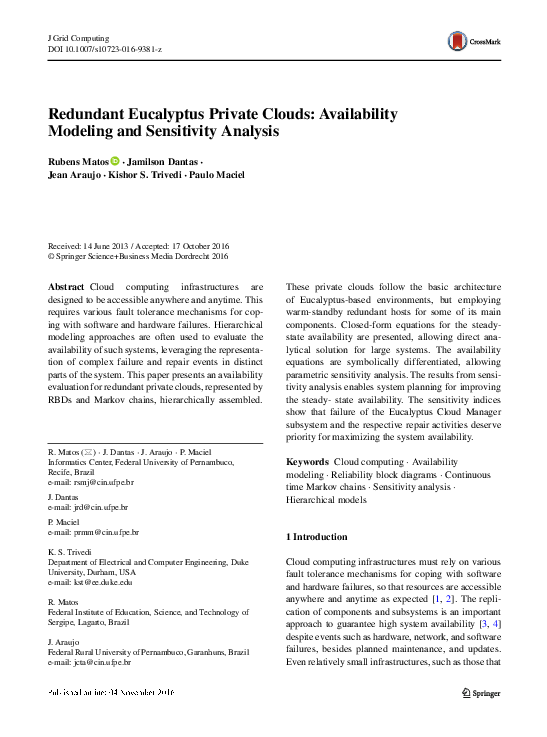 (PDF) Redundant Eucalyptus Private Clouds: Availability Modeling and Sensitivity Analysis