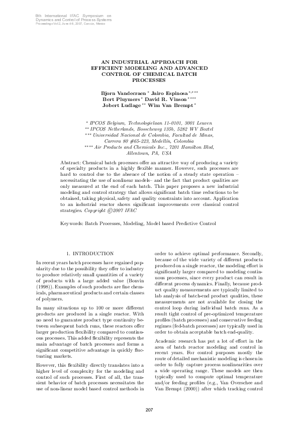 (PDF) An industrial approach for efficient modeling and advanced control of chemical batch processes