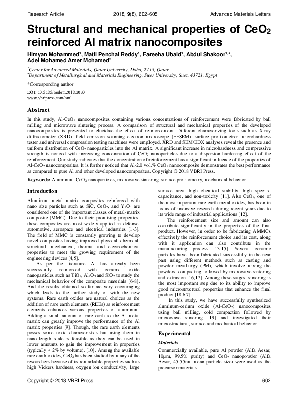 (PDF) Structural and mechanical properties of CeO2 reinforced Al matrix ...
