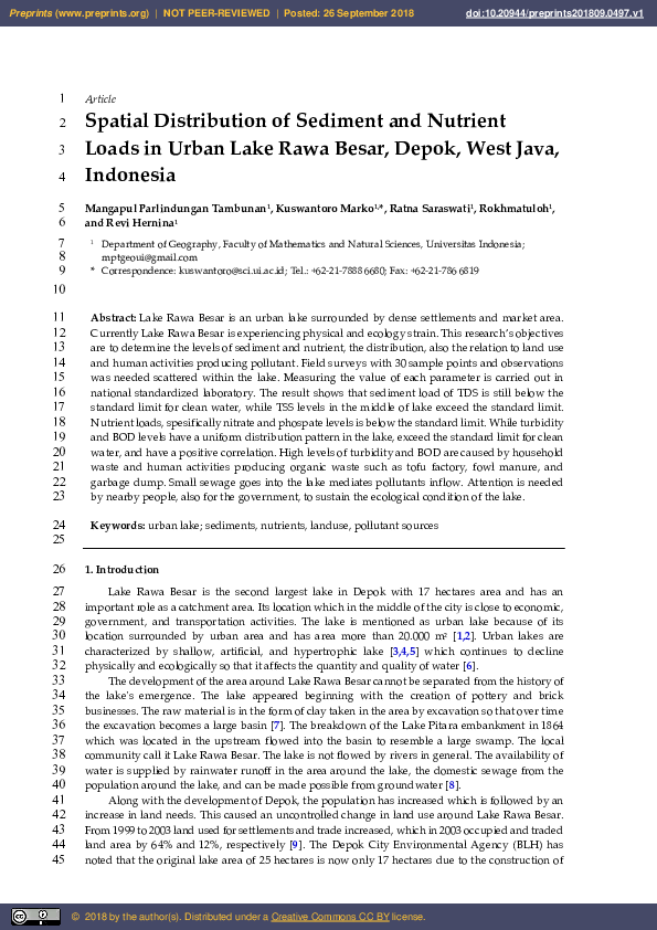 (PDF) Spatial Distribution of Sediment and Nutrient Loads in Urban Lake Rawa Besar, Depok, West ...
