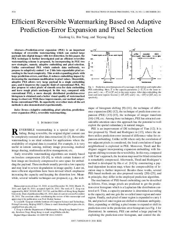 (PDF) Efficient Reversible Watermarking Based on Adaptive Prediction-Error Expansion and Pixel ...