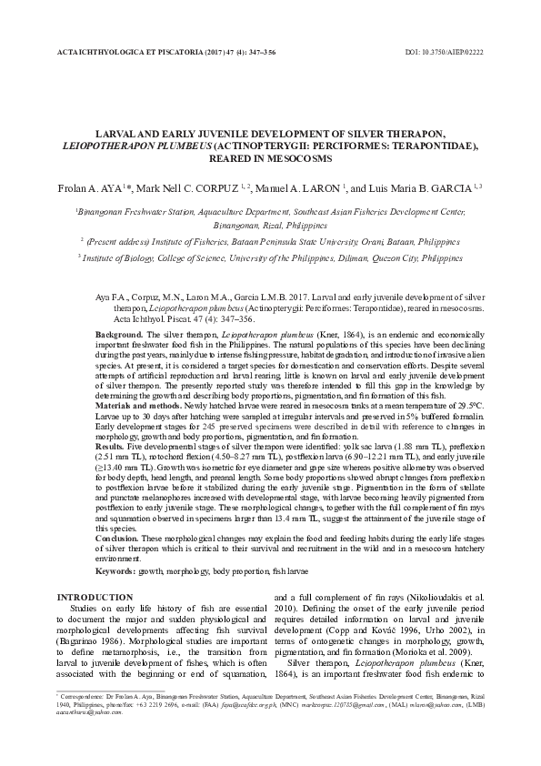 (PDF) Larval and early juvenile development of silver therapon ...