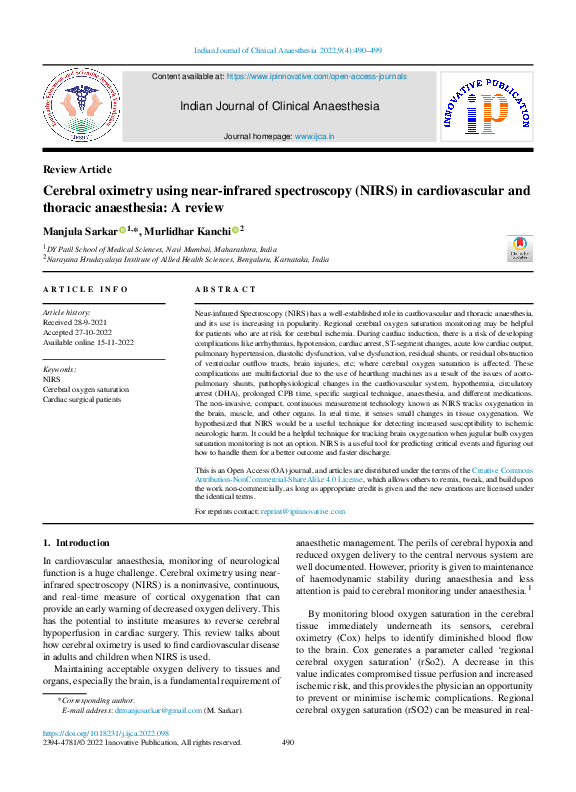 (PDF) Cerebral oximetry using near-infrared spectroscopy (NIRS) in cardiovascular and thoracic ...