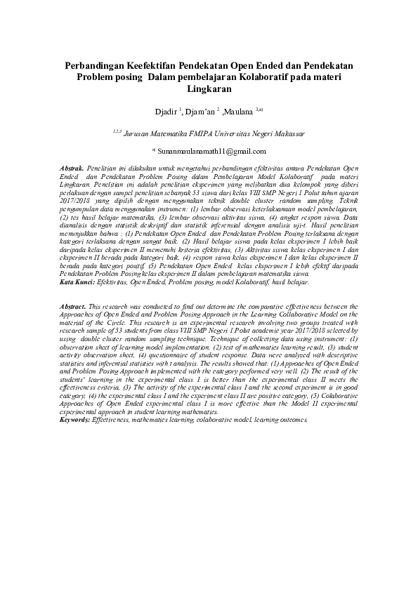 (DOC) Perbandingan Keefektifan Pendekatan Open Ended dan Pendekatan Problem posing Dalam ...