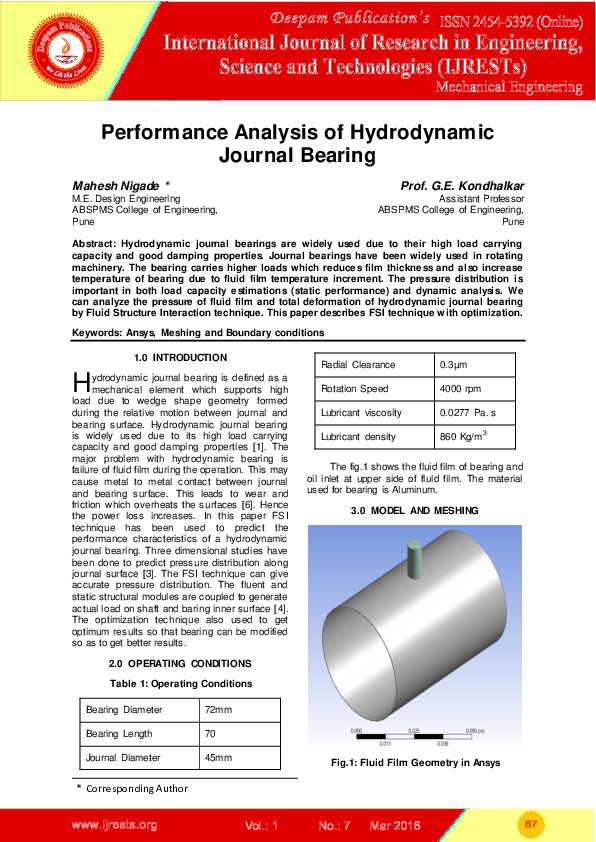 (PDF) Performance Analysis of Hydrodynamic Journal Bearing