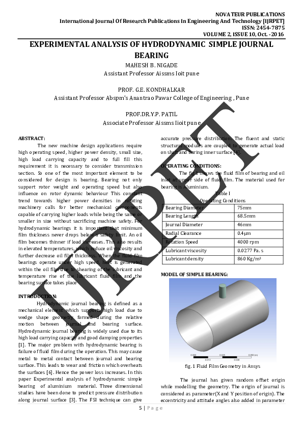 (PDF) Experimental Analysis Of Hydrodynamic Simple Journal Bearing