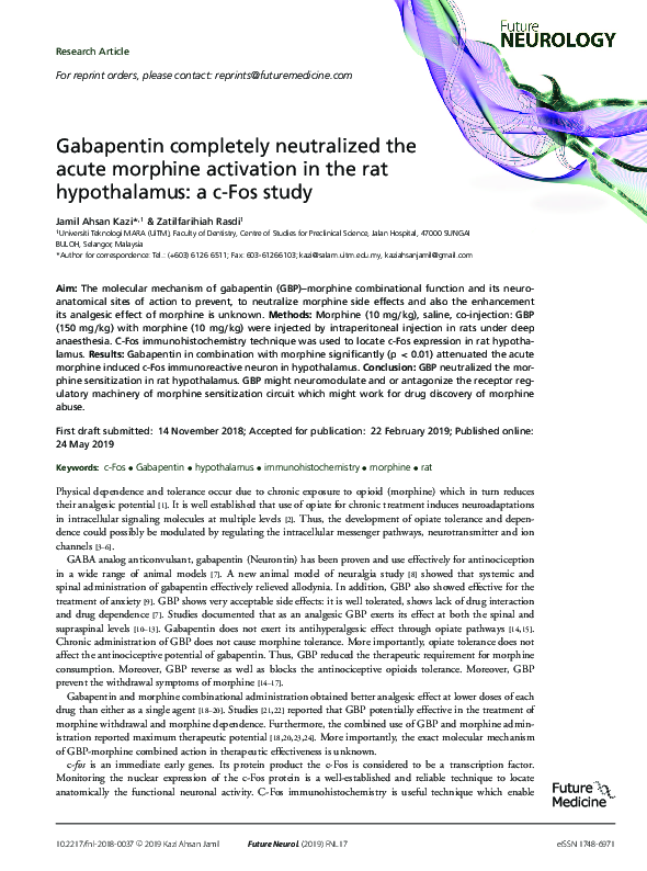(PDF) Gabapentin completely neutralized the acute morphine activation ...