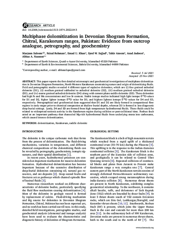 (PDF) Multiphase dolomitization in Devonian Shogram Formation, Chitral ...