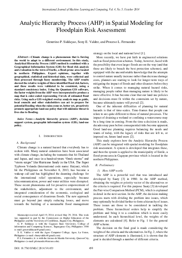 (PDF) Analytic Hierarchy Process (AHP) in Spatial Modeling for Floodplain Risk Assessment