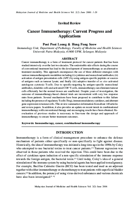 (PDF) Cancer immunotherapy: current progress and applications