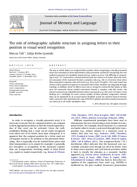 (PDF) The role of orthographic syllable structure in assigning letters ...