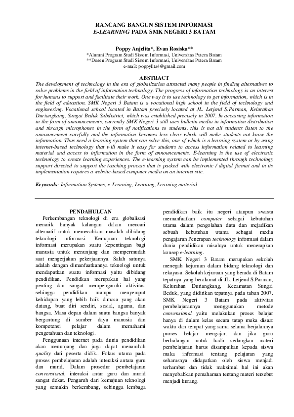 (PDF) Rancang Bangun Sistem Informasi E-Learning Pada SMK Negeri 3 Batam