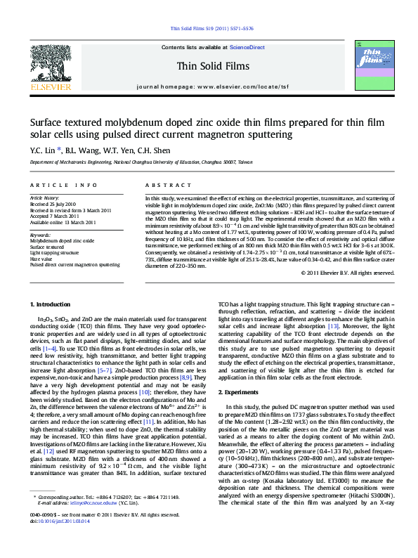 (PDF) Surface textured molybdenum doped zinc oxide thin films prepared for thin film solar cells ...