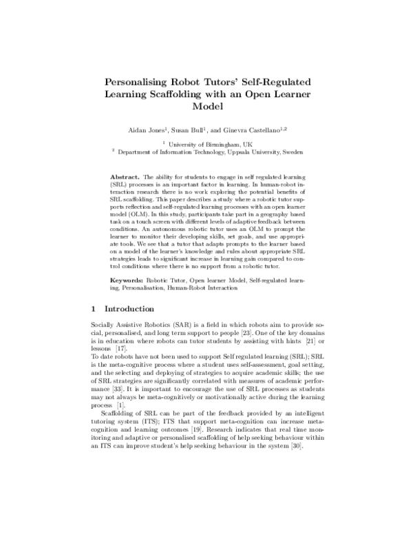 (PDF) Personalising Robot Tutors' Self-Regulated Learning Scaffolding with an Open Learner Model