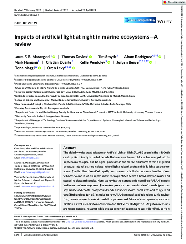 (PDF) Impacts of artificial light at night in marine ecosystems—A review