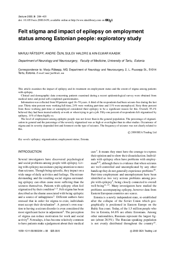 (PDF) Felt stigma and impact of epilepsy on employment status among ...