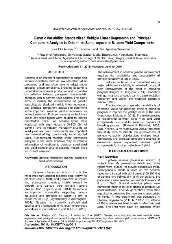 (PDF) Genetic Variability, Standardized Multiple Linear Regression and Principal Component ...