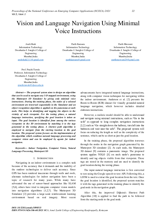 (PDF) Vision and Language Navigation Using Minimal Voice Instructions