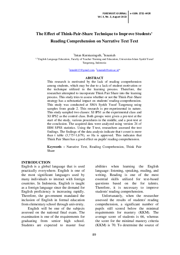 (PDF) The Effect of Think-Pair-Share Technique to Improve Students’ Reading Comprehension on ...