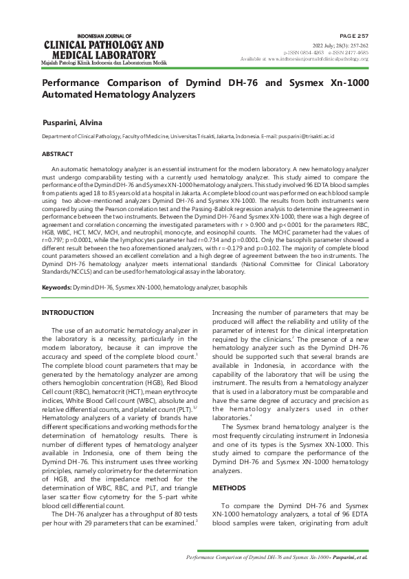 (PDF) Performance Comparison of Dymind DH-76 and Sysmex Xn-1000 ...