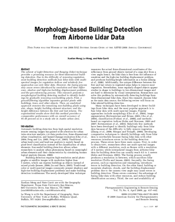 Pdf Morphology Based Building Detection From Airborne Lidar Data