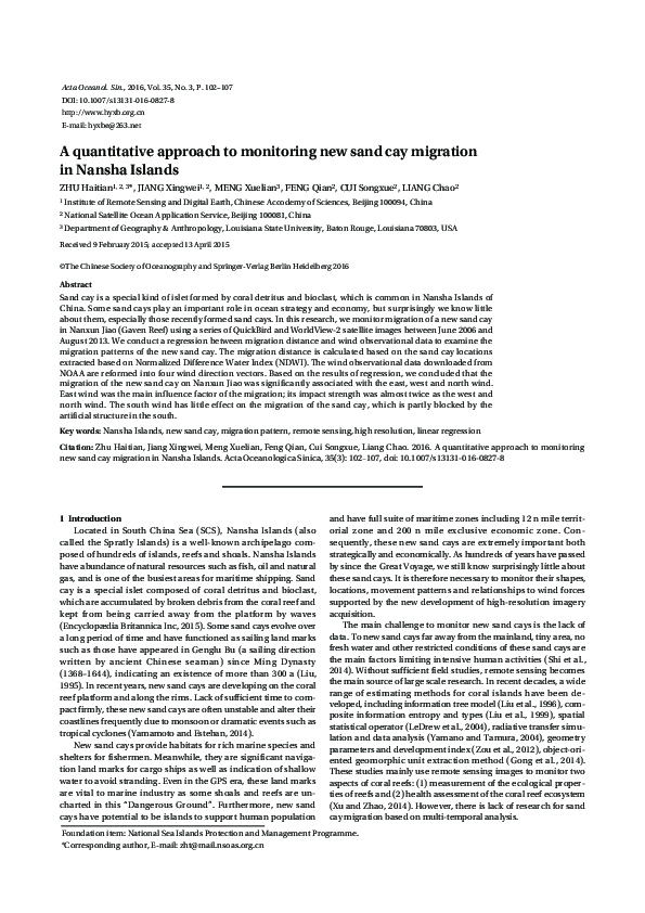 (PDF) A quantitative approach to monitoring new sand cay migration in ...