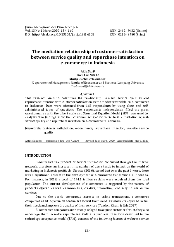 (PDF) The mediation relationship of customer satisfaction between service quality and repurchase ...