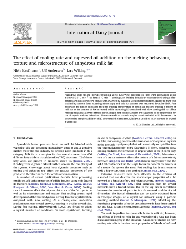(PDF) The effect of cooling rate and rapeseed oil addition on the melting behaviour, texture and ...