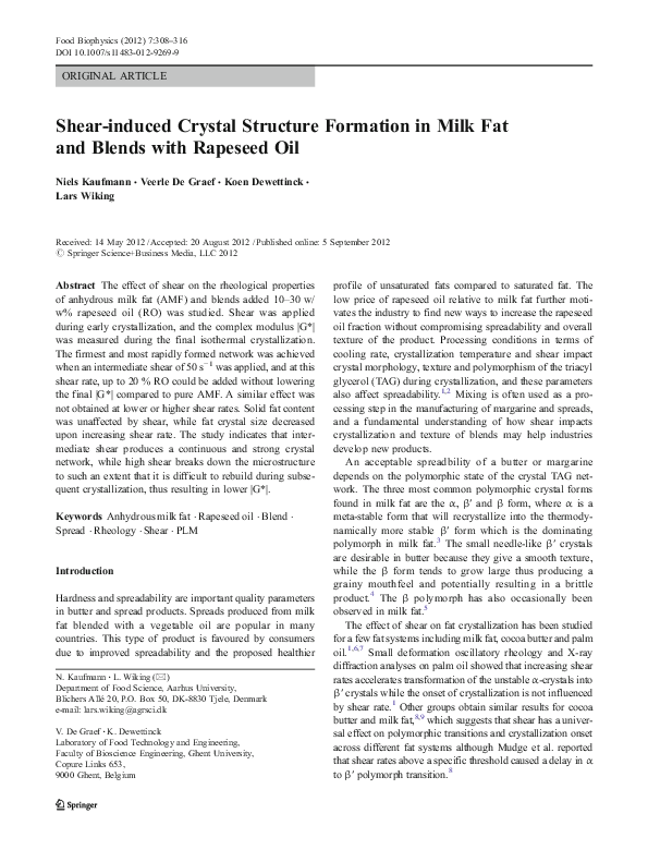 (PDF) Shear-induced Crystal Structure Formation in Milk Fat and Blends ...