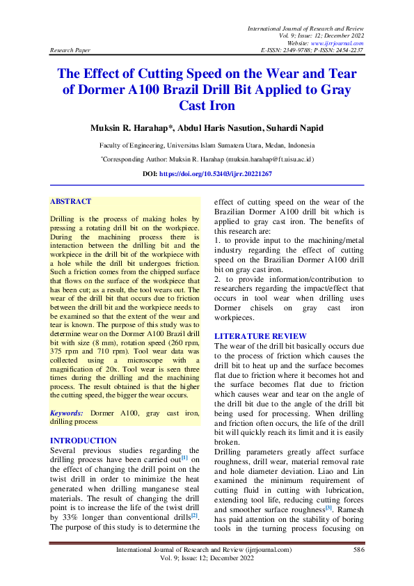 (PDF) The Effect of Cutting Speed on the Wear and Tear of Dormer A100 ...