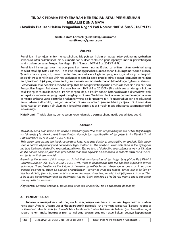 (PDF) TINDAK PIDANA PENYEBARAN KEBENCIAN ATAU PERMUSUHAN MELALUI DUNIA MAYA (Analisis Putusan ...