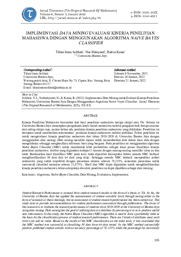 Pdf Implementasi Data Mining Untuk Evaluasi Kinerja Penelitian Mahasiswa Universitas Banten