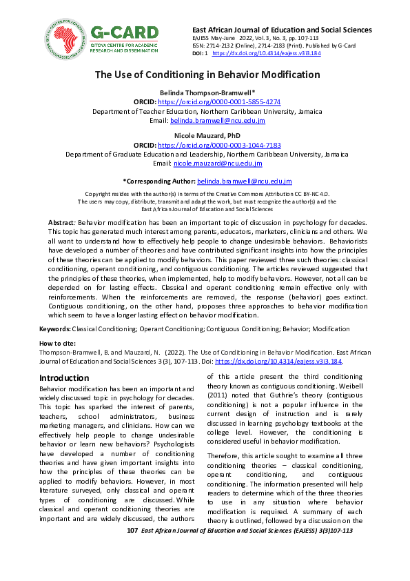 (PDF) The Use of Conditioning in Behavior Modification