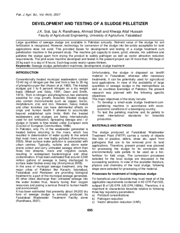 (PDF) Development and Testing of a Sludge Pelletizer